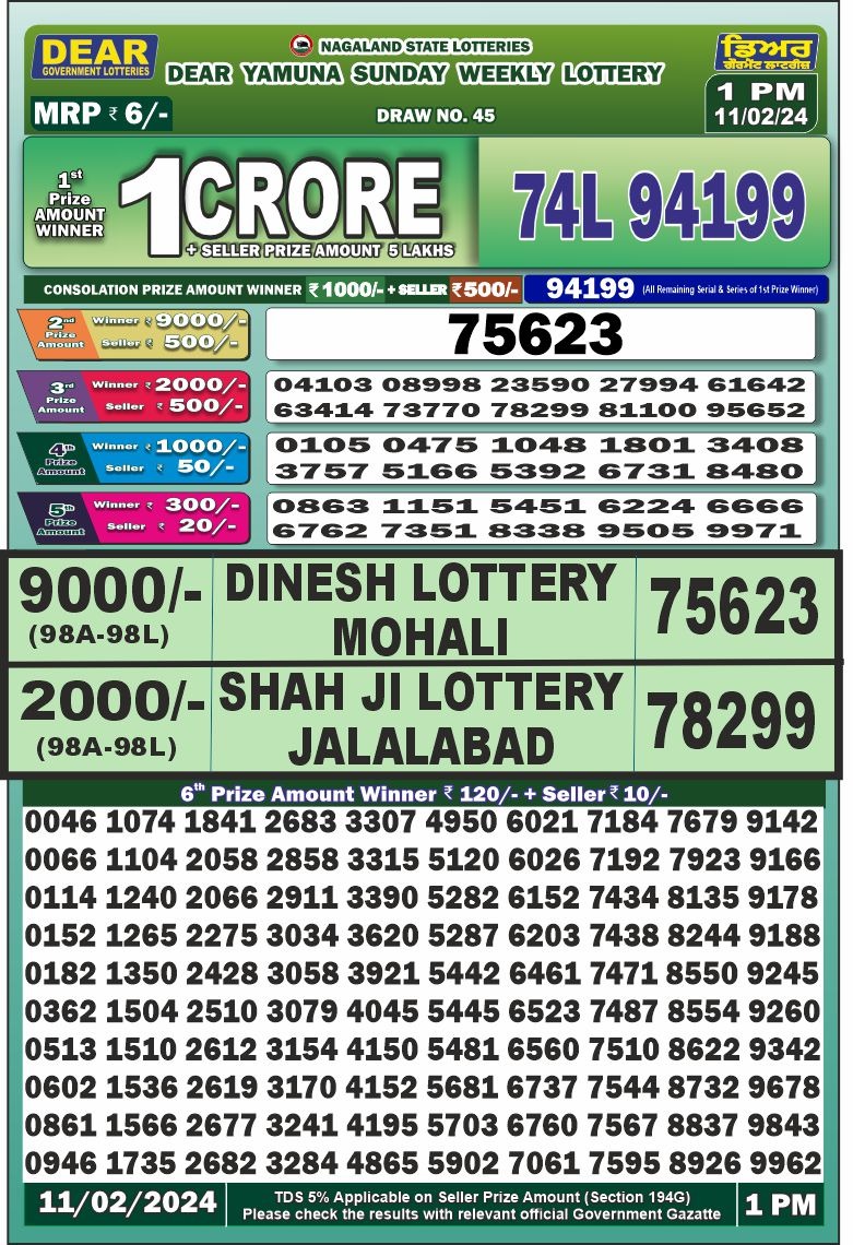 Dear daily lottery 1pm result 11th feb 2024 – All Lottery Result Today