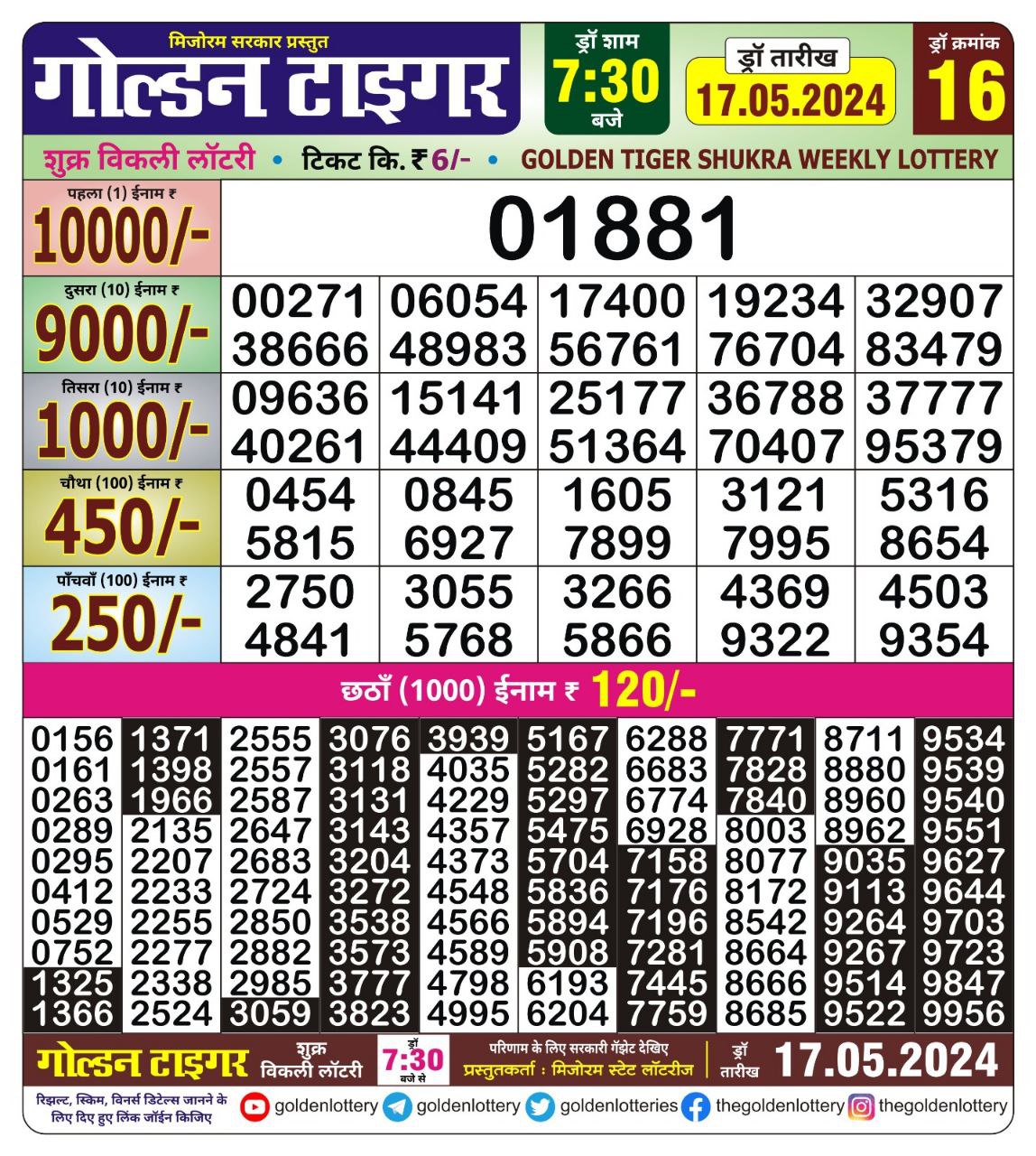 Golden tiger weekly 7:30 pm lottery result 17/05/24 – All Lottery ...