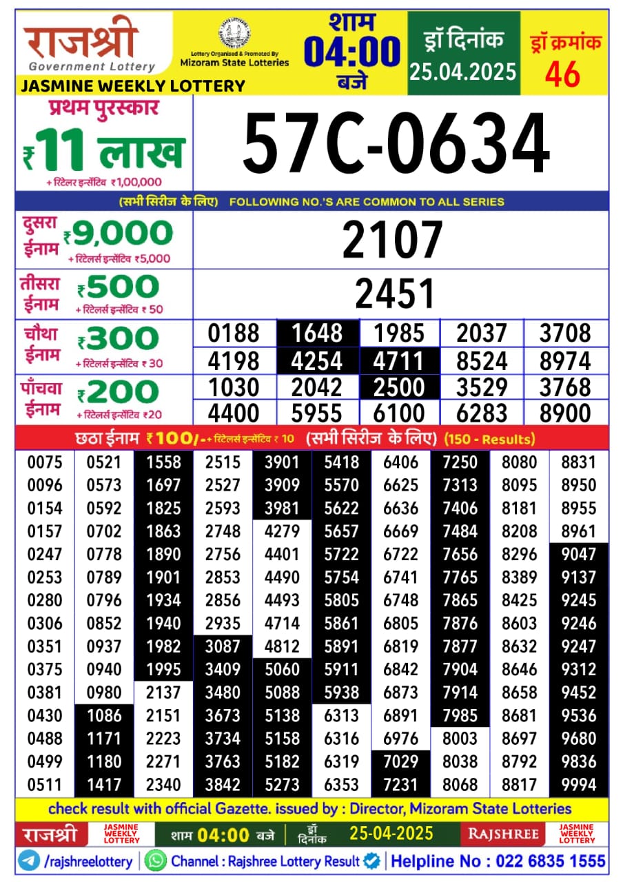 Rajshree jasmine Friday Weekly Lottery 4PM Result 25.4.25 – All Lottery ...