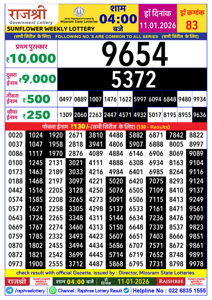 Rajshree Sunflower Sunday Weekly Lottery 4pm Result 11.01.2026 – All ...